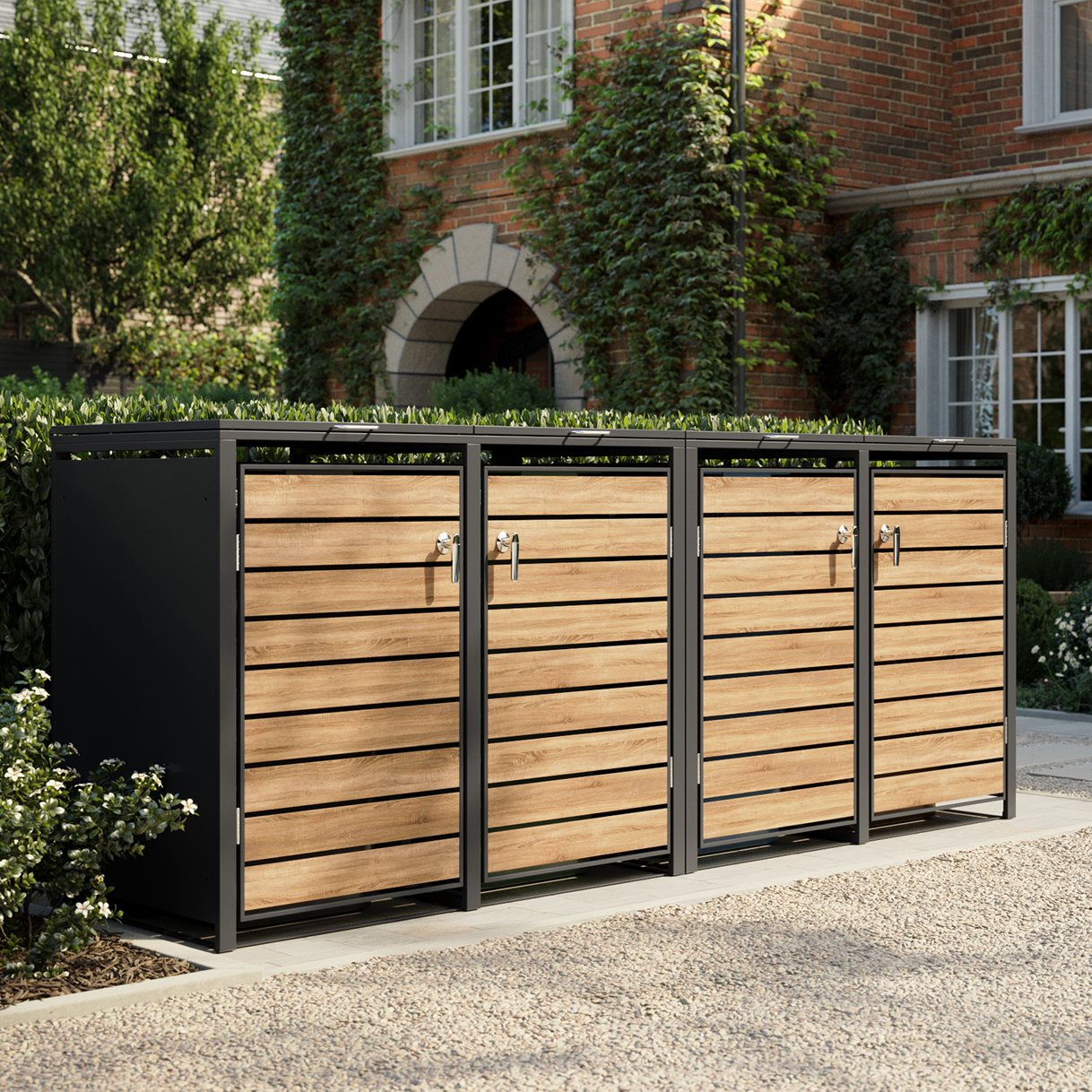 Ecoscape - Quadruple Bin Storage With Lid - Woodgrain & Charcoal | BM Steel