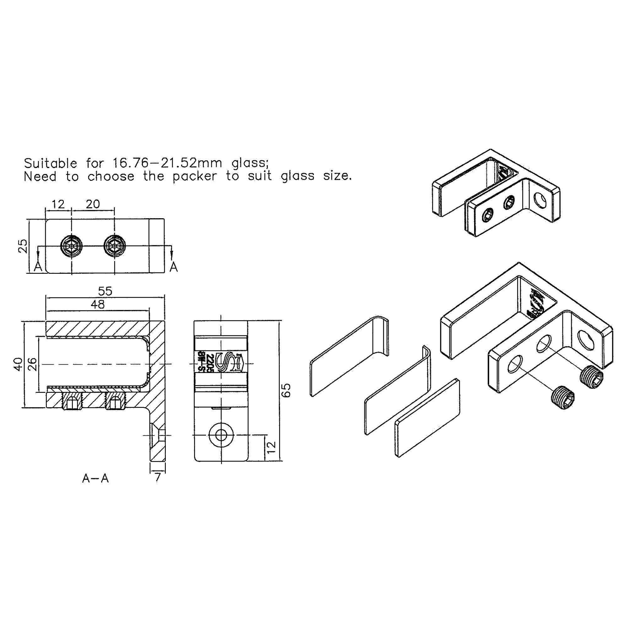 Wall To Glass Connector to suit 17-21.5mm Glass | BM Steel