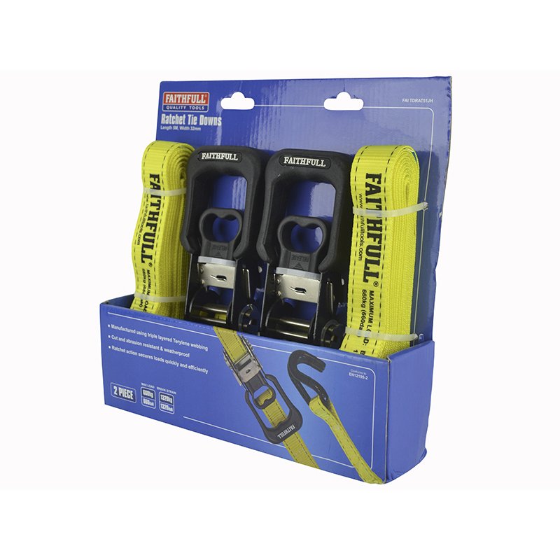 Faithfull - Ratchet Tie-Downs J-Hook 5m x 32mm Breaking Strain 1320kg ...