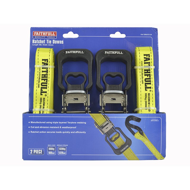 Faithfull - Ratchet Tie-Downs J-Hook 5m x 32mm Breaking Strain 1320kg ...