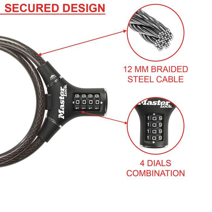 Master Lock - Black Steel Rigid Combination Cable 0.9m x 12mm | BM Steel